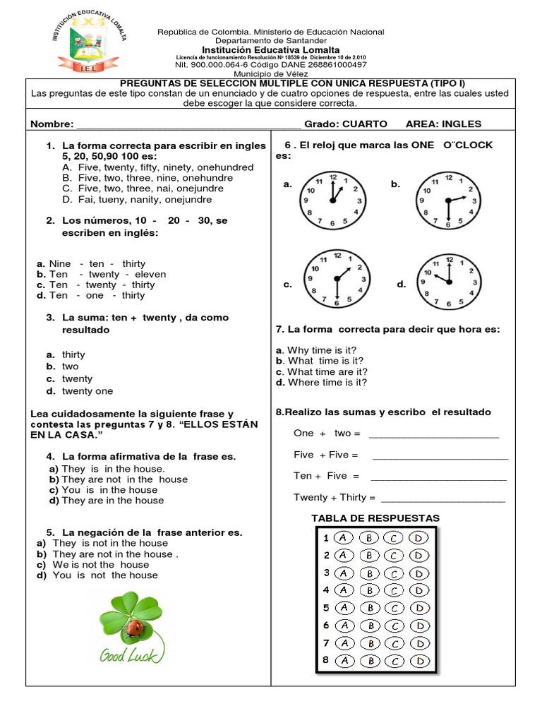 Evaluacion de Ingles Grado Cuarto Tercer Periodo | PDF