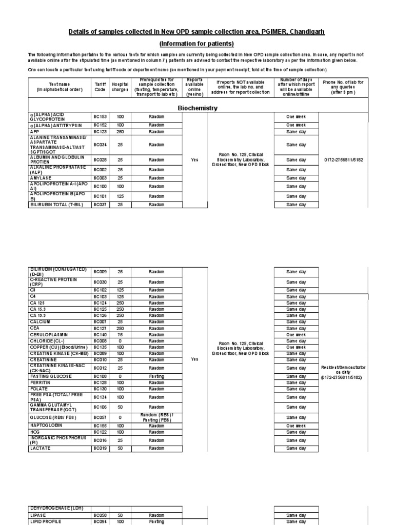 PGIMER Chandigarh OPD Sample Collection Guide | PDF | Serology ...