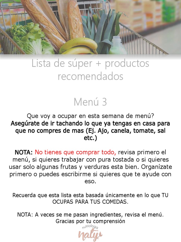 LISTA DE SUPER MENU 3 y PRODUCTOS RECOMENDADOS | PDF | Ricotta | Alimentos