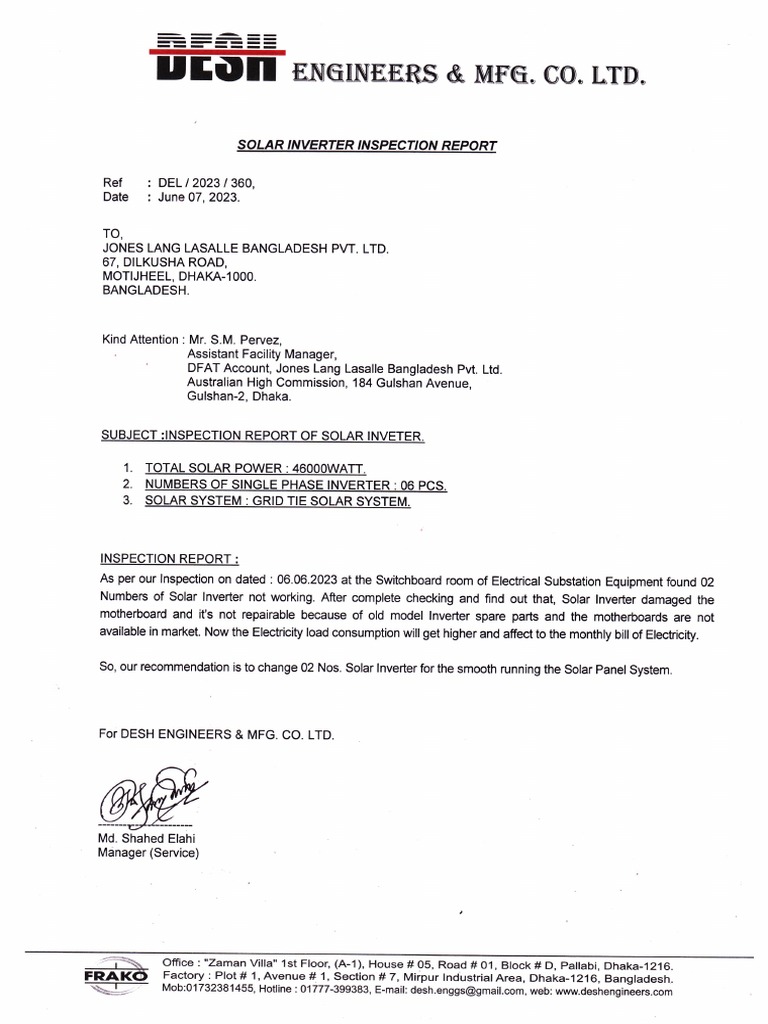 Inspection Report For Solar Inverter | PDF