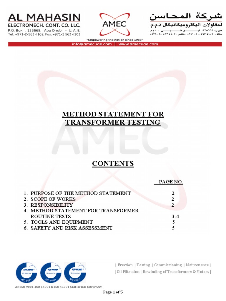 Transformer Testing Method Statement | PDF | Transformer | Voltage