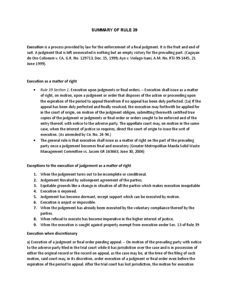 Summary of Rule 39 | PDF | Judgment (Law) | Garnishment
