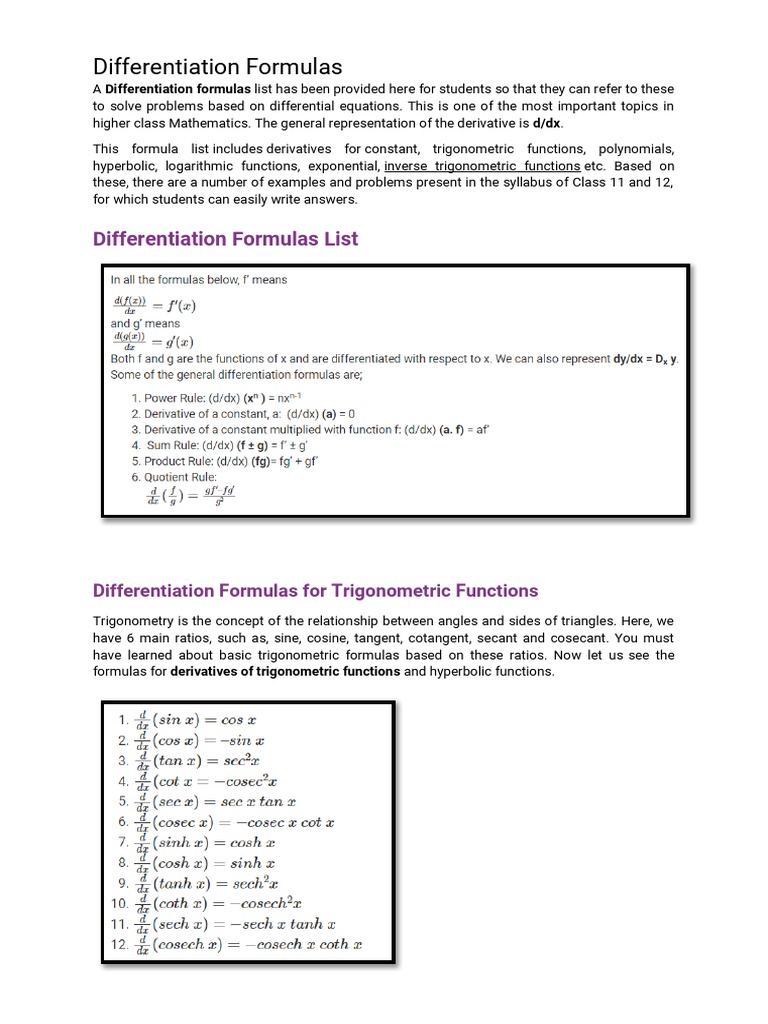 Differentiation Formulas | PDF