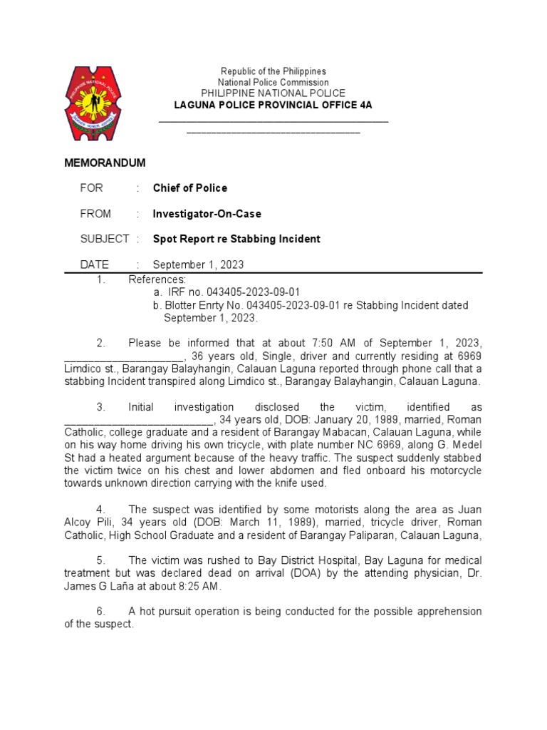 Spot Report Stabbing Incident | PDF