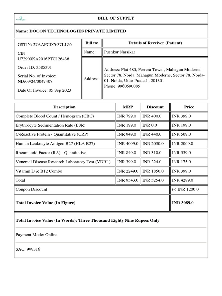 Medical Check Up Invoice | PDF