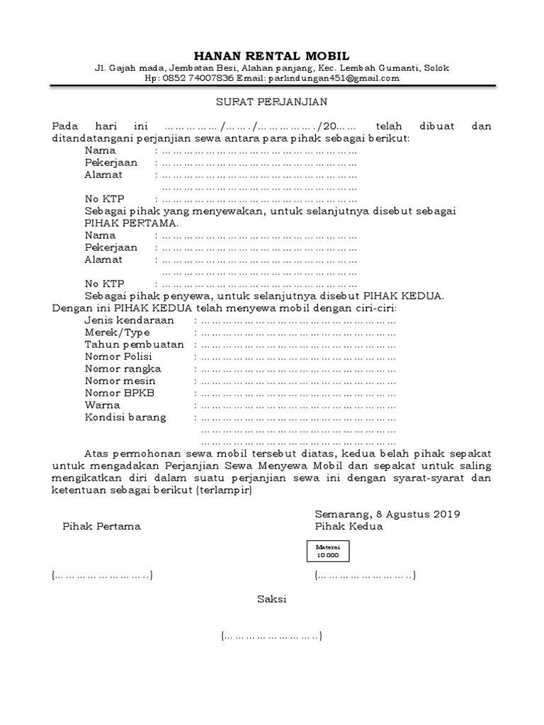 Contoh Surat Perjanjian Rental Mobil | PDF