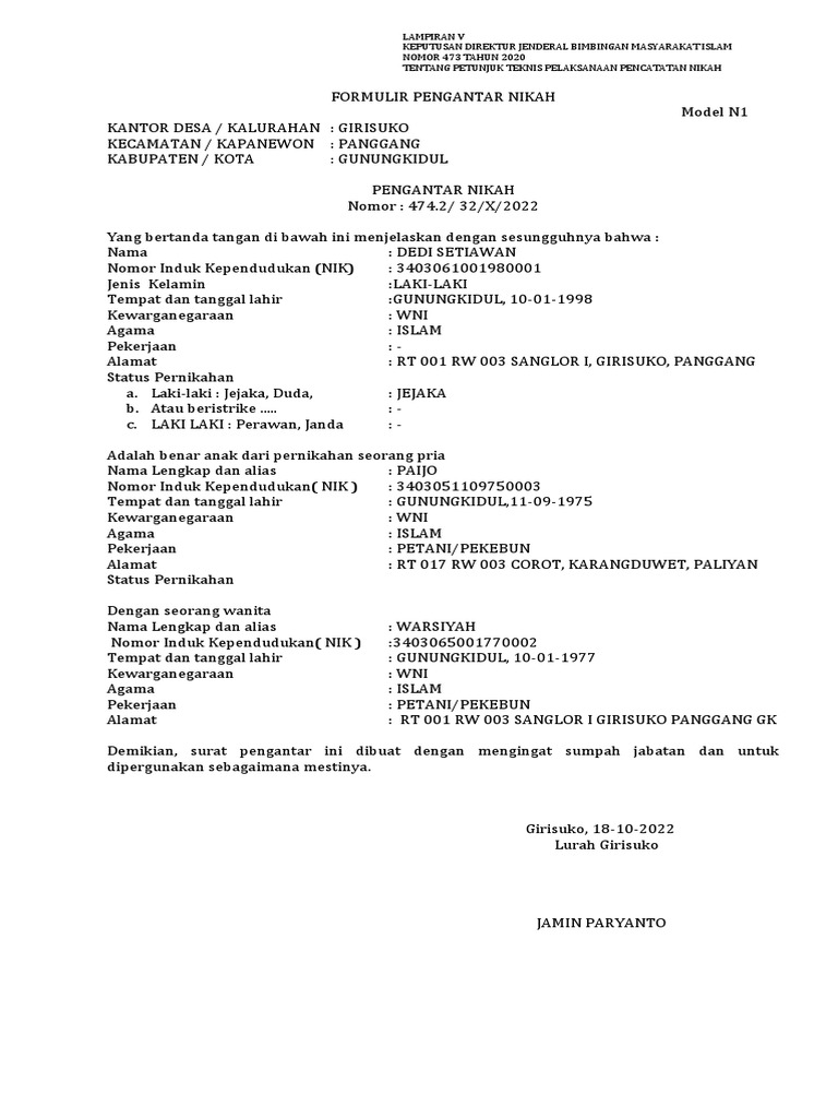 Blangko Nikah DEDI SETIAWAN | PDF