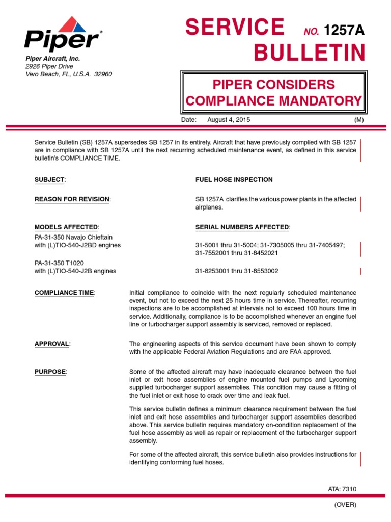 Service Bulletin: Piper Considers Compliance Mandatory | PDF | Aviation
