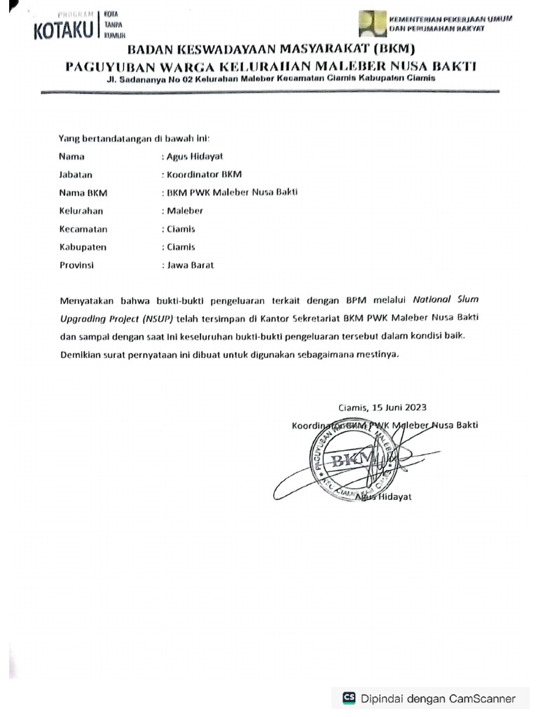 Surat Pernyataan BKM Maleber | PDF