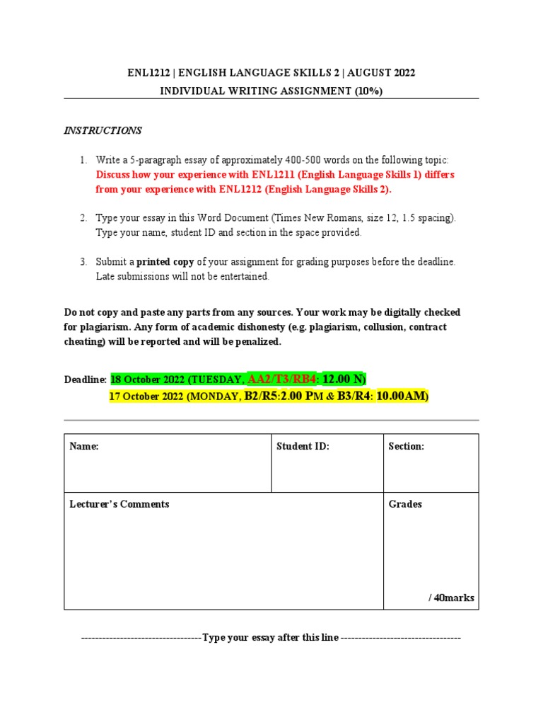 ENL1212 Essay Submission Guidelines | PDF