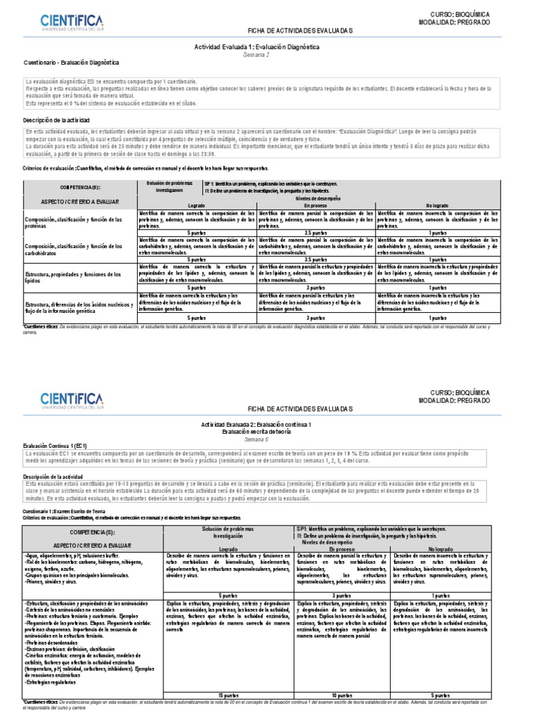 Ficha - Bioquímica - Cba-007 - 2023-1 - V2-1 | PDF | Evaluación | Enzima