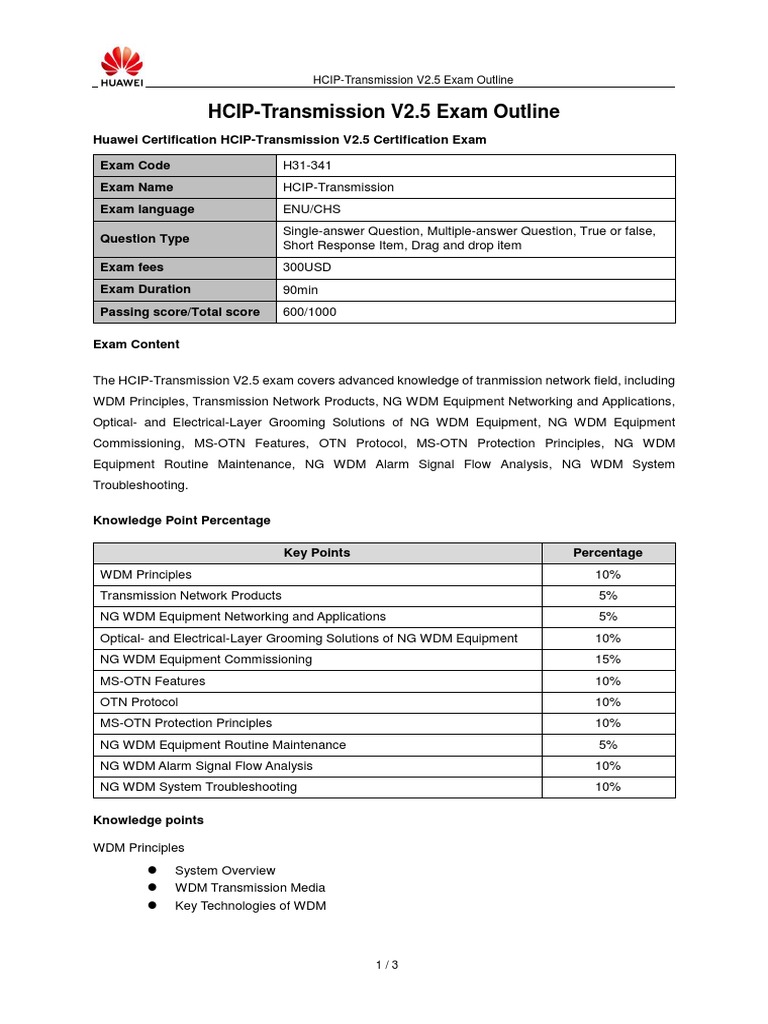 HCIP-Transmission V2.5 Exam Outline | PDF | Wavelength Division Multiplexing | Network Architecture