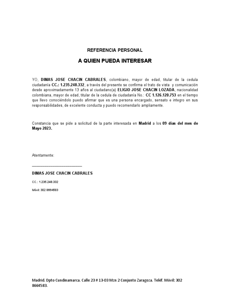 Referencia Personal Dimas - Eligio | PDF Referencia Personal Dimas - Eligio | PDF