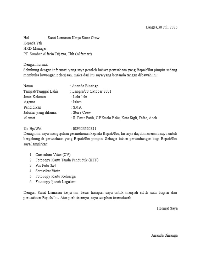 Surat Lamaran Dan CV Alfamart Compress | PDF