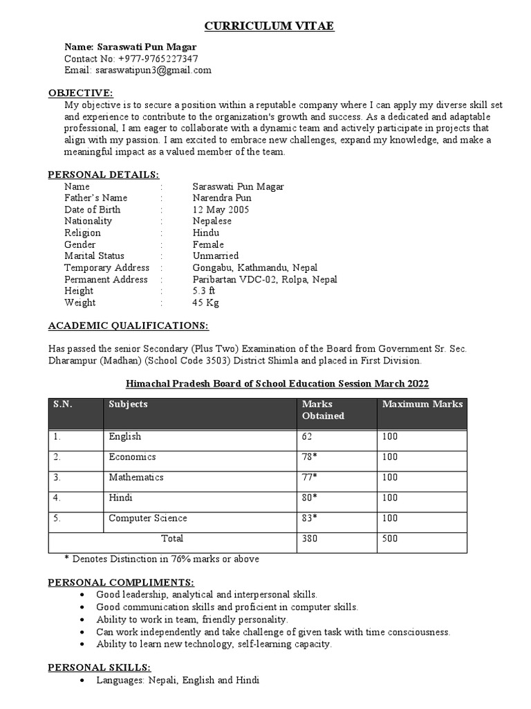 Curriculum Vitae: Name: Saraswati Pun Magar | PDF | Nepal | Knowledge