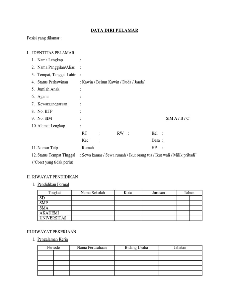 Form Data Diri Pelamar | PDF