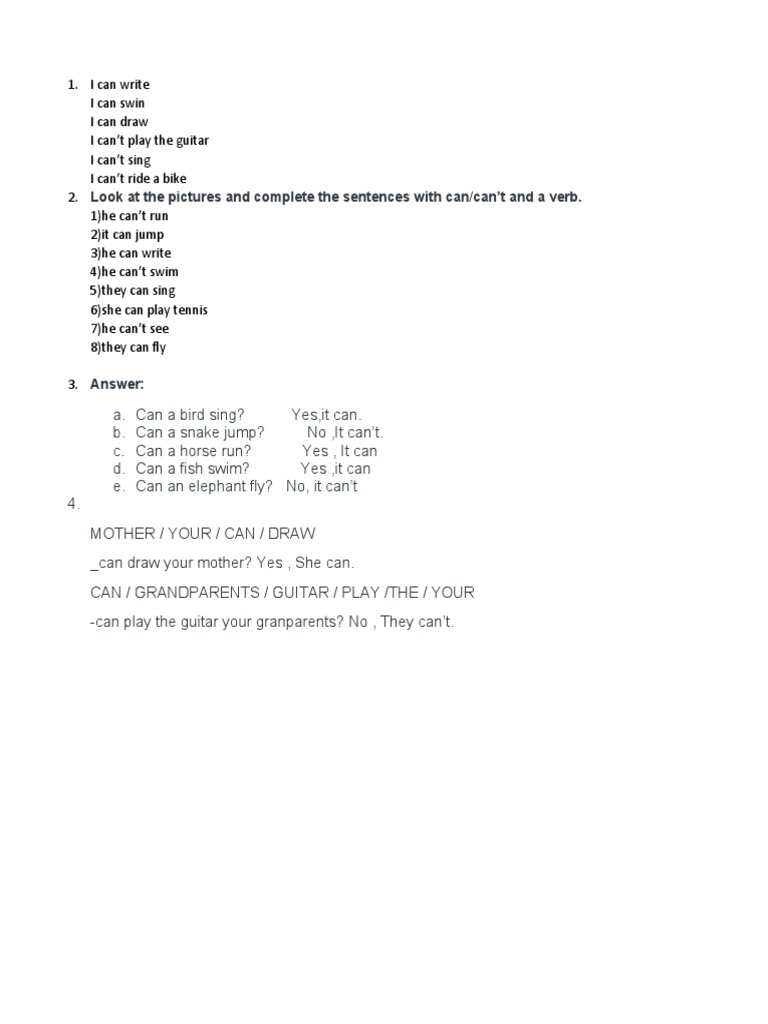 Can and Can't Sentence Exercises | PDF