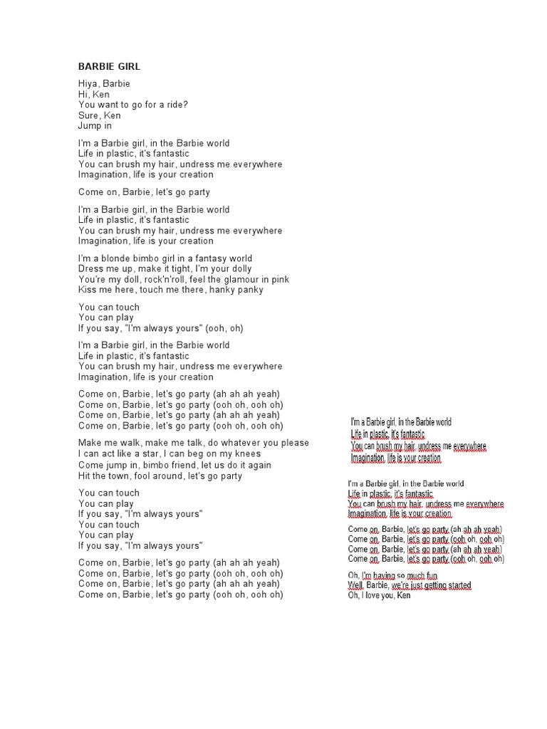 Barbie Girl Song Lyrics | PDF | Art | Poetry