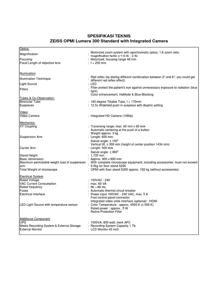 Spesifikasi Teknis OPMI Lumera 300 Standard With Integrated Camera - 2 ...