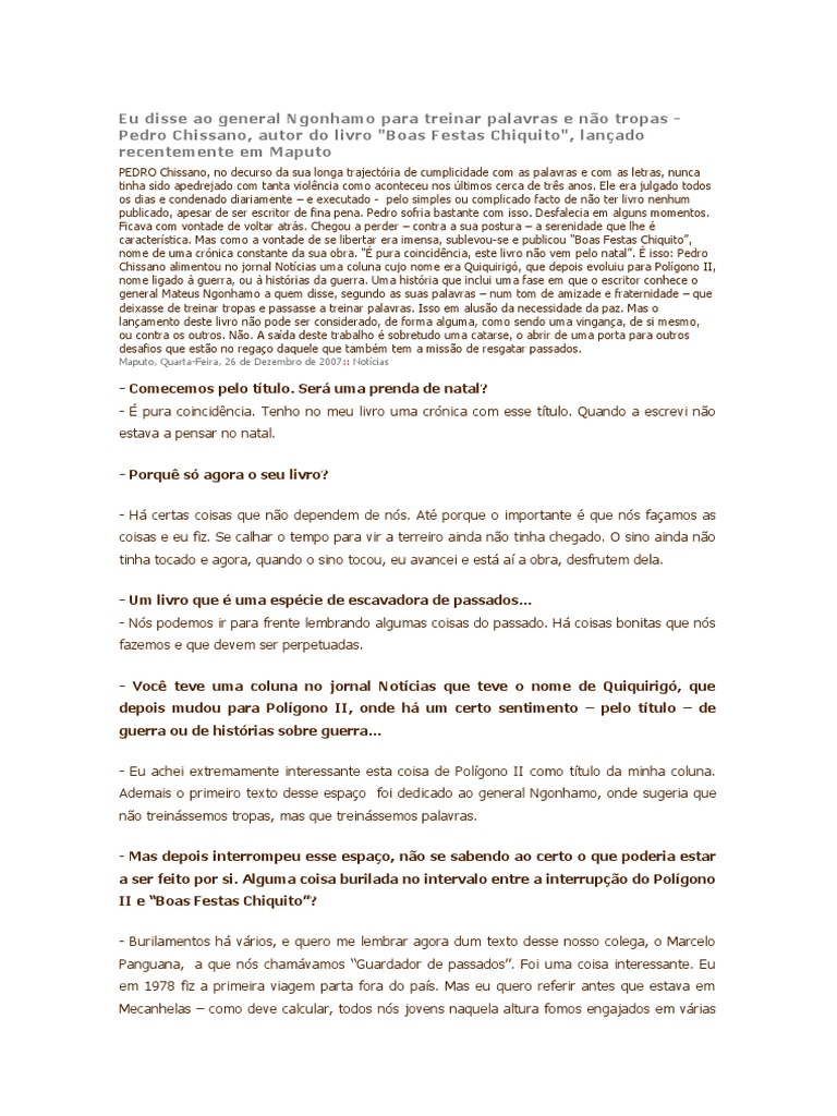 Pedro Chissano e seu livro "Boas Festas Chiquito" | PDF | Livros