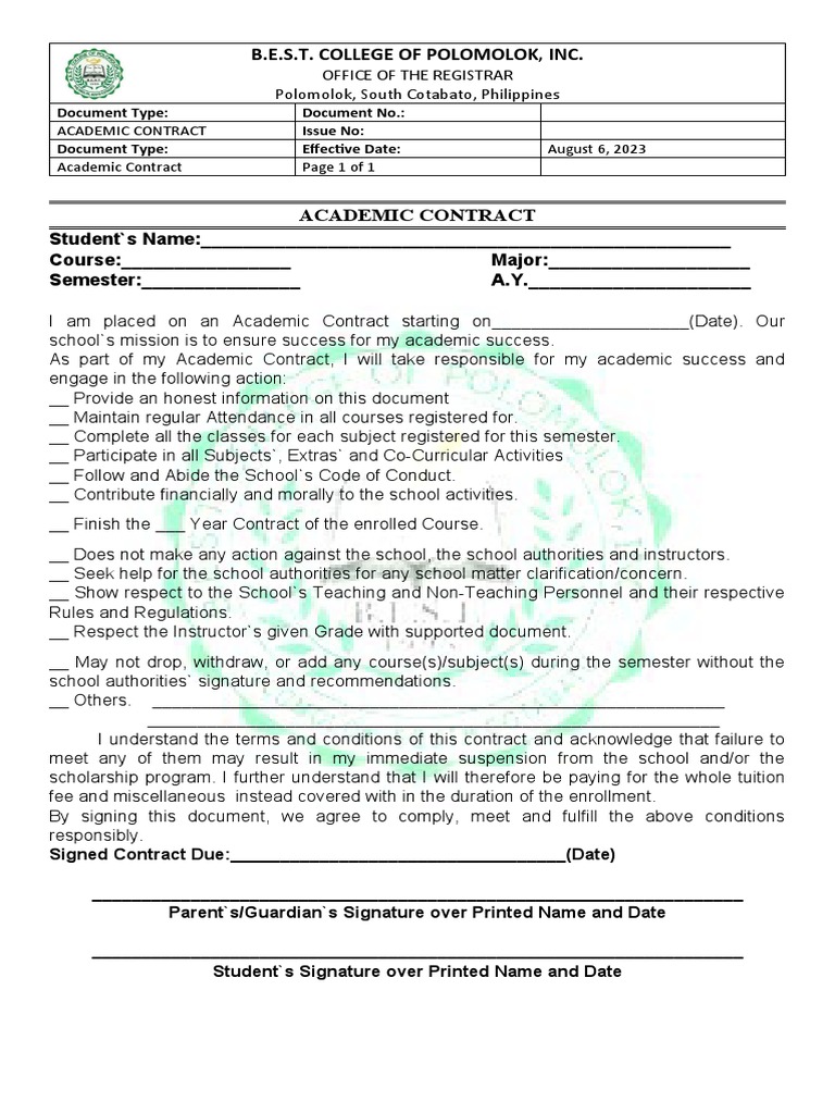 Academic Contract For College Final | PDF