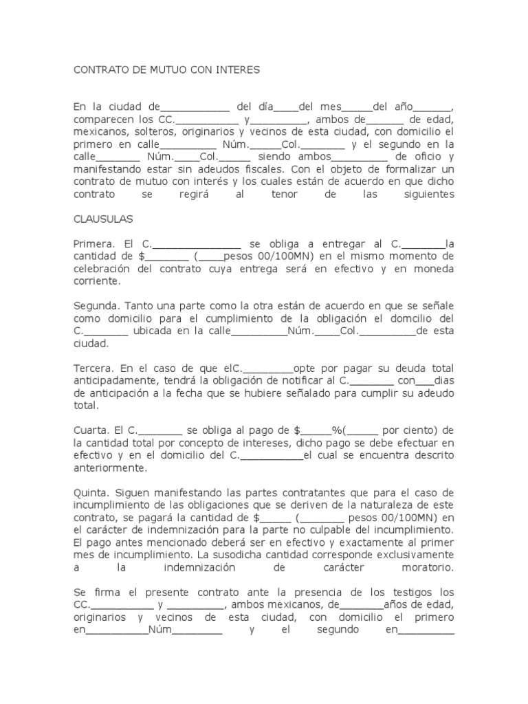 Contrato de Mutuo Con Interes Formato | PDF | Derecho civil (sistema ...