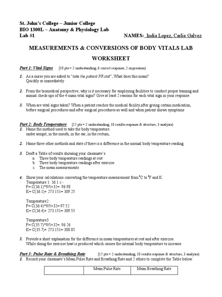LAB #1 - Measurement & Conversions Worksheet | PDF | Body Mass Index ...