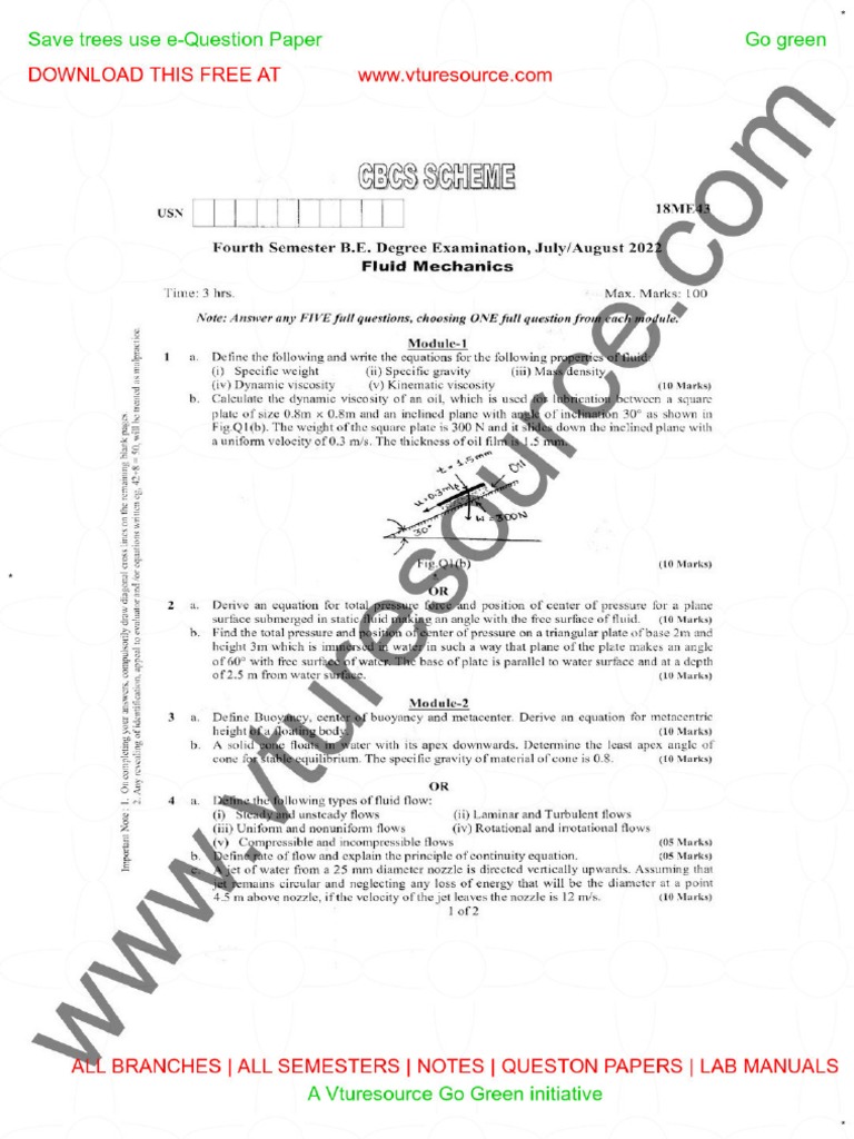 Fluid Mechanics Question Paper Aug-2022 | PDF