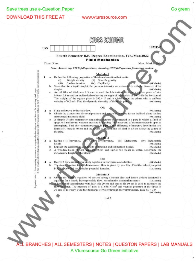 Fluid Mechanics Question Paper Mar-2022 | PDF