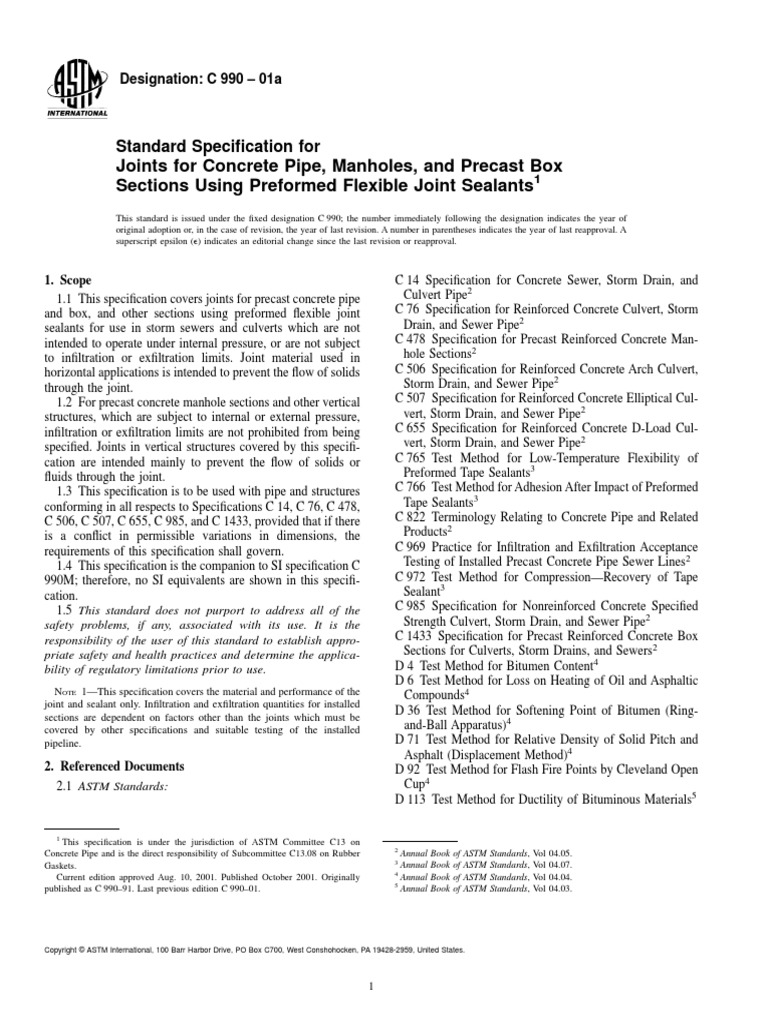 ASTM C990-01a Specification For Joints For Concrete Pipe, Manholes, and ...