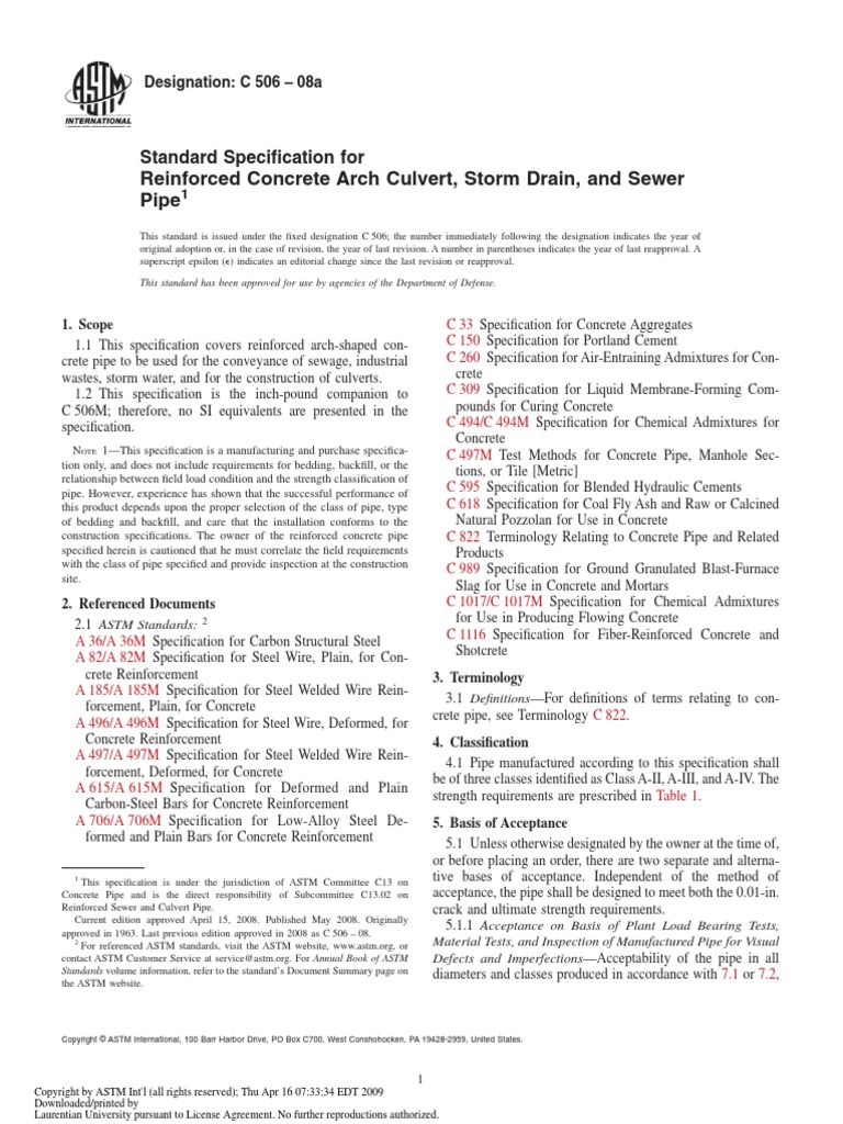 ASTM C506-08a Reinforced Concrete Arch Culvert, Storm Drain, and Sewer ...
