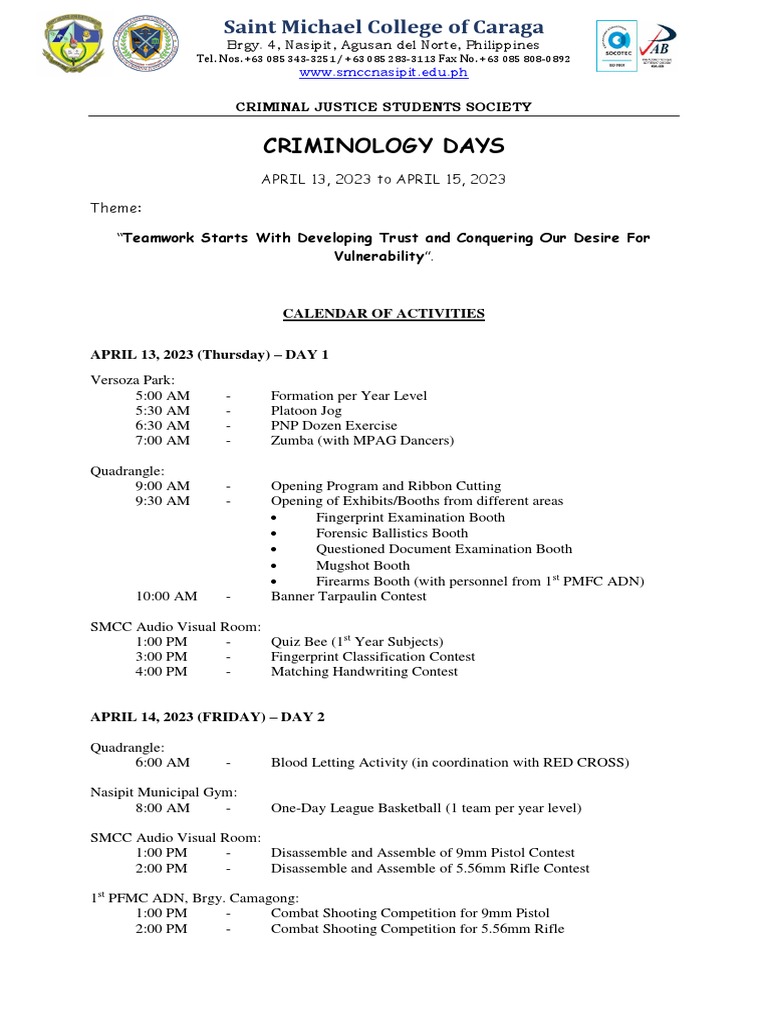 Criminology Days 2023 Activities Schedule | PDF | Ballistics | Hazards