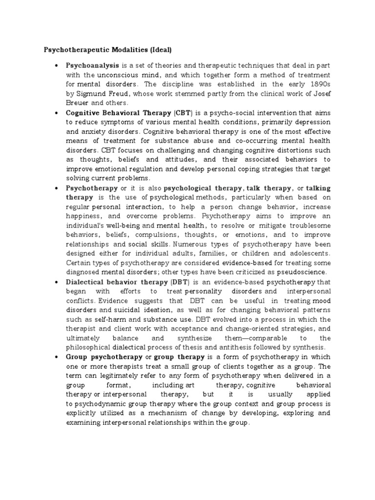 Psychotherapeutic Modalities | PDF | Psychotherapy | Cognitive ...