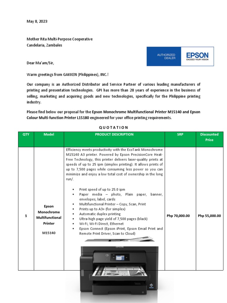 PROPOSAL EPSON M15140 and L15180 | PDF | Printer (Computing) | Graphic Design