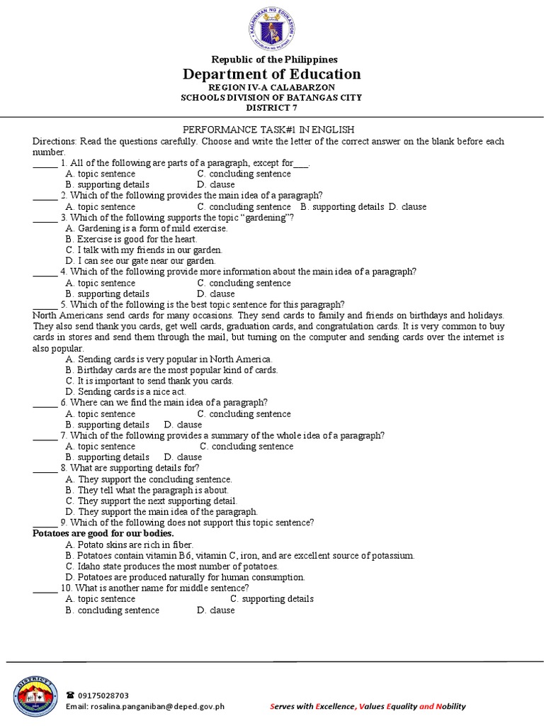 Performance Task 1 Parts of Simple Paragraph | PDF
