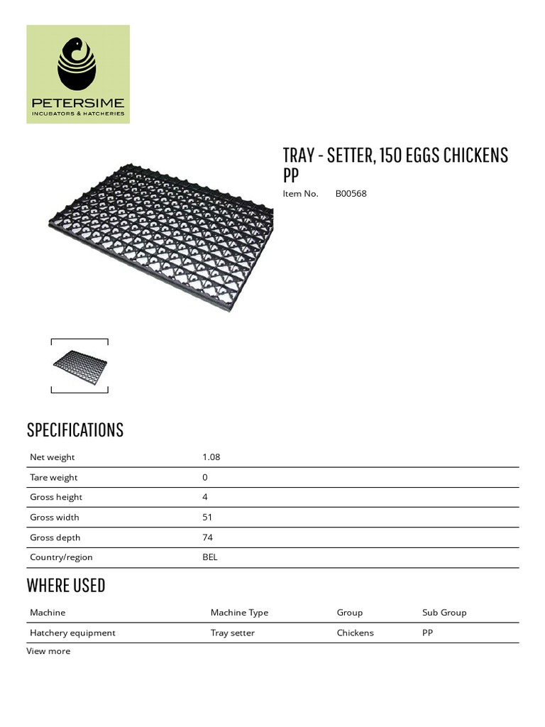 Tray - setter, 150 eggs chickens PP _ Petersime Spare Parts | PDF