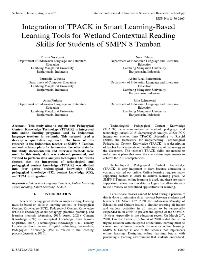 Integration of TPACK in Smart Learning-Based Learning Tools For Wetland Contextual Reading ...