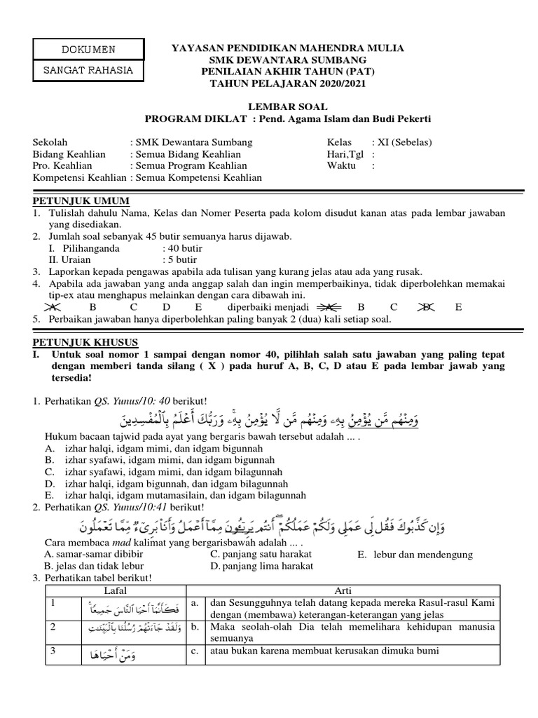 Soal Latihan Pat Pabp Kelas Xi | PDF | Agama & Spiritualitas | Kajian ...