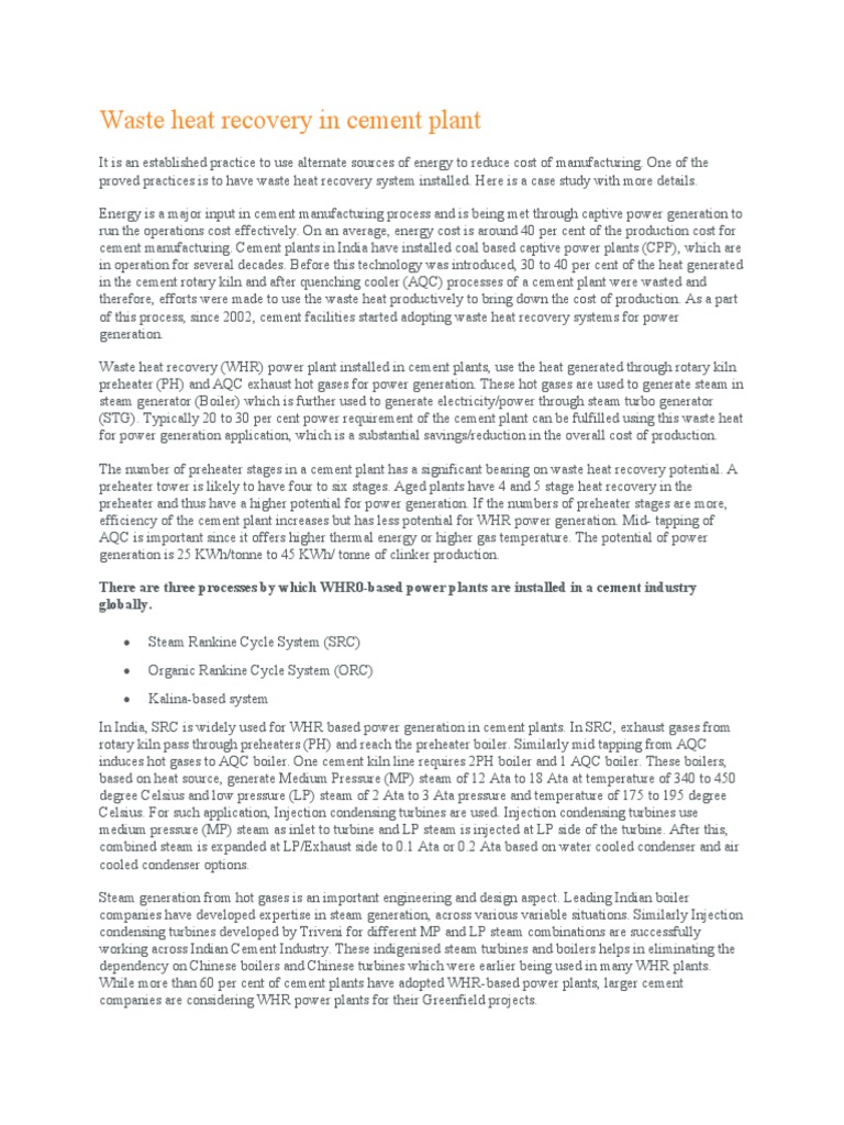 Waste Heat Recovery in Cement Plant | PDF | Power Station | Boiler