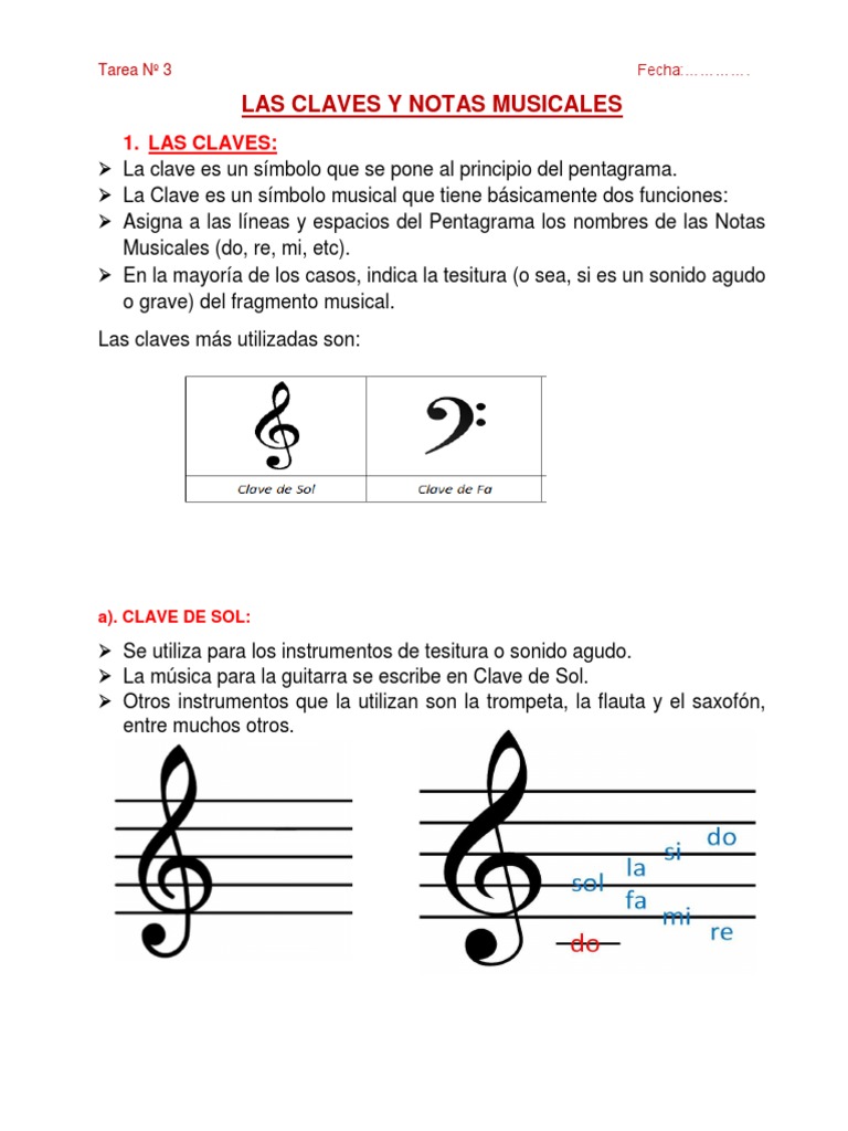 Tarea #3 LAS CLAVES Y NOTAS MUSICALES 4to ABC | PDF