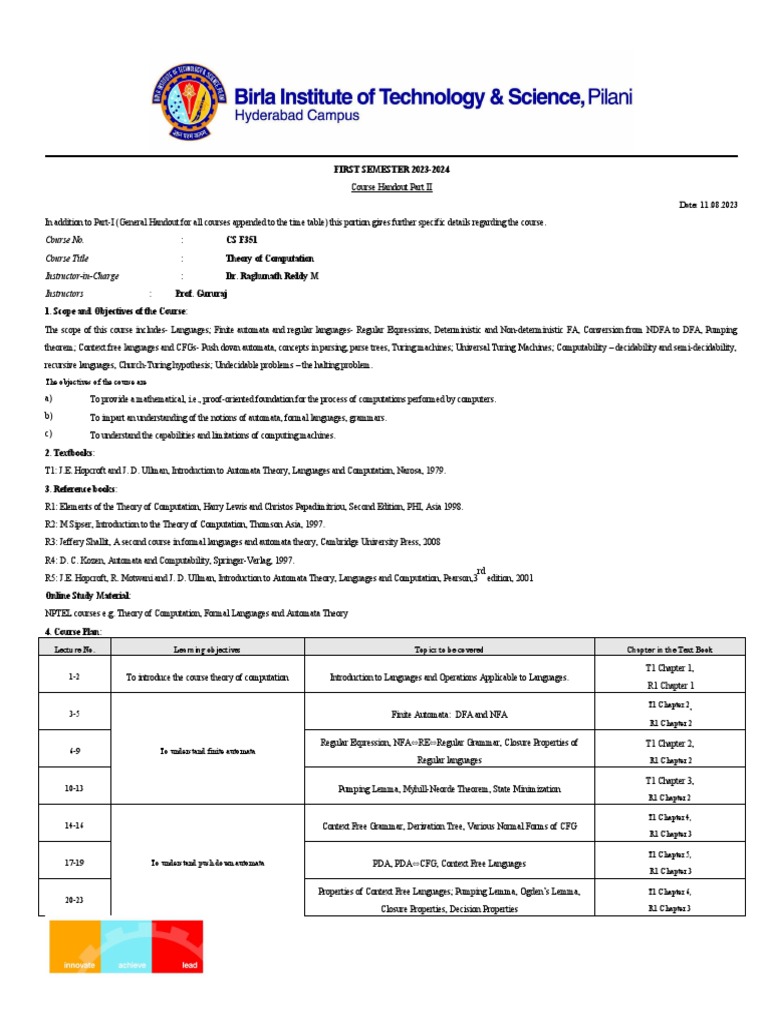 CS F351 - TOC - Dr. Raghunath Reddy (2023-24) | PDF | Theory Of Computation | Formal Methods