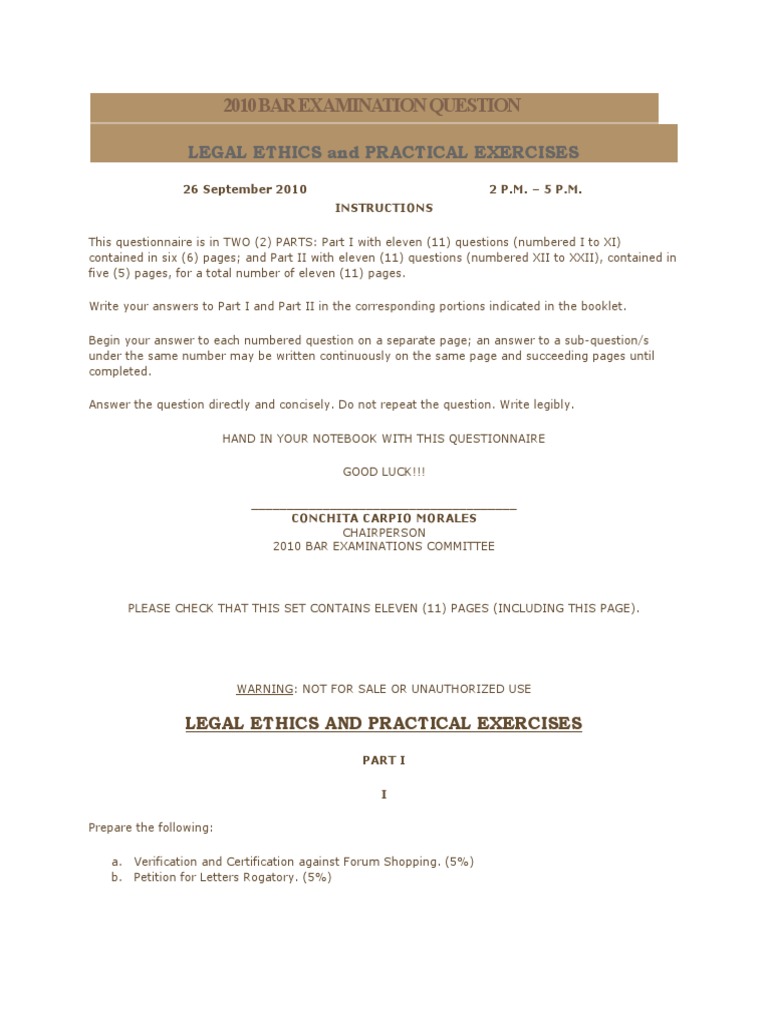 2010 Bar Exam: Legal Ethics Questions | PDF | Complaint | Lawyer