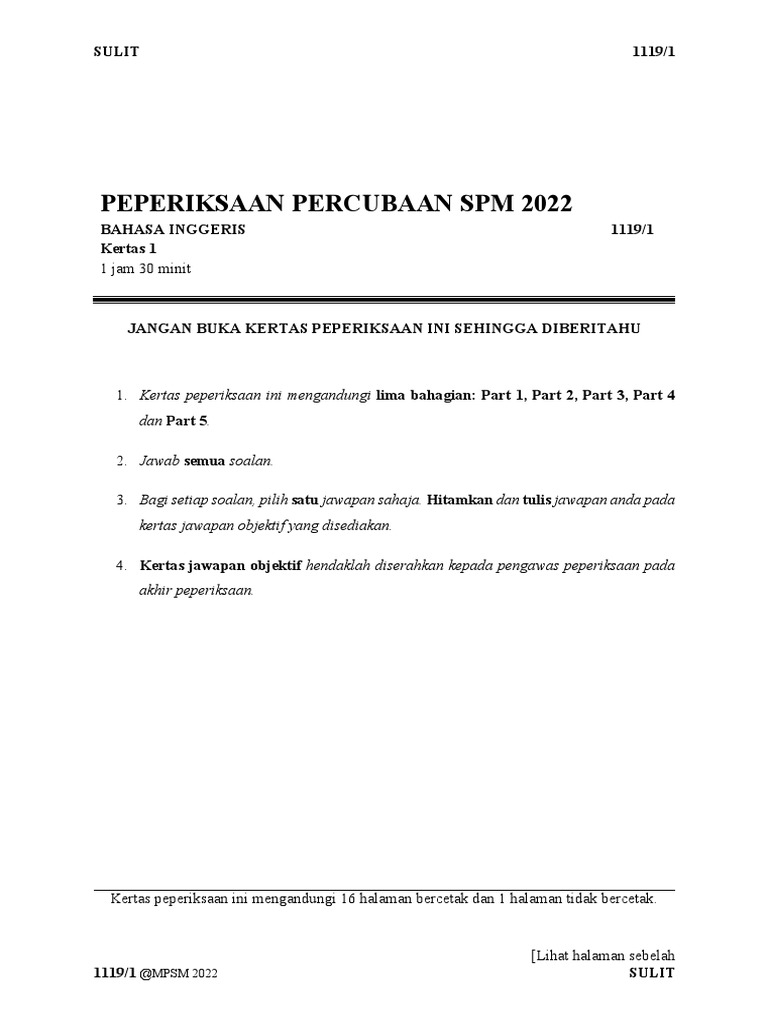 SPM 2022 English Trial Paper 1 | PDF
