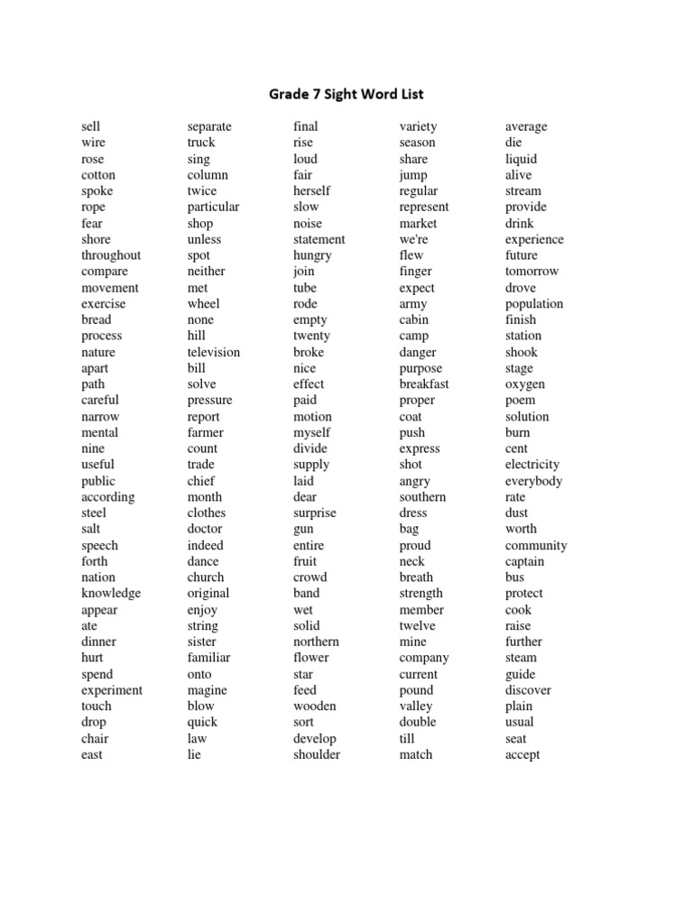 Sight Word List Grade 7 | PDF