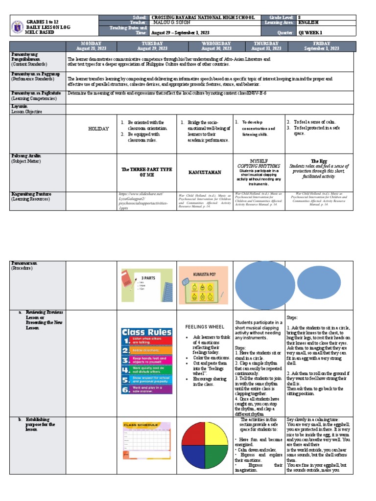 Eng8 - DLL Week 1 - Q1 | Download Free PDF | Learning | Teachers