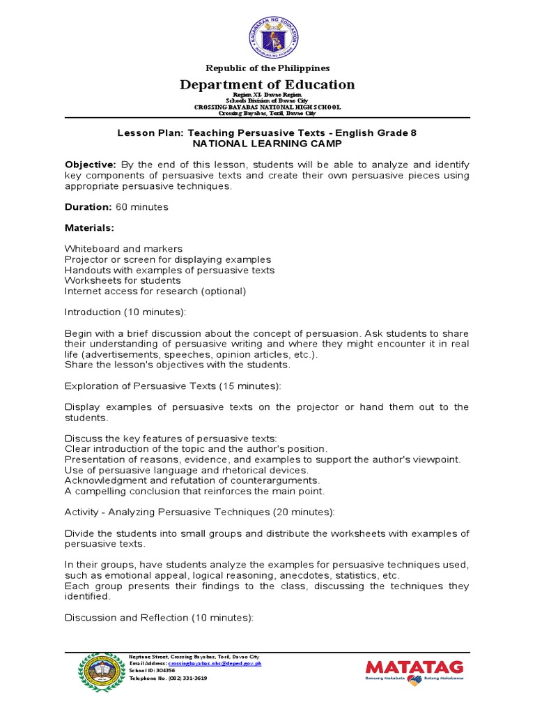 NLC Lesson Plan | PDF | Persuasion | Lesson Plan