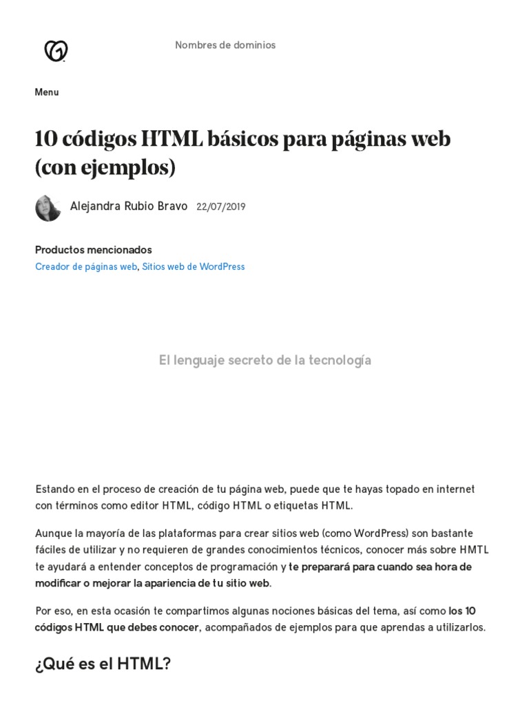 10 Códigos HTML Básicos para Páginas Web (Con Ejemplos) | PDF | HTML ...