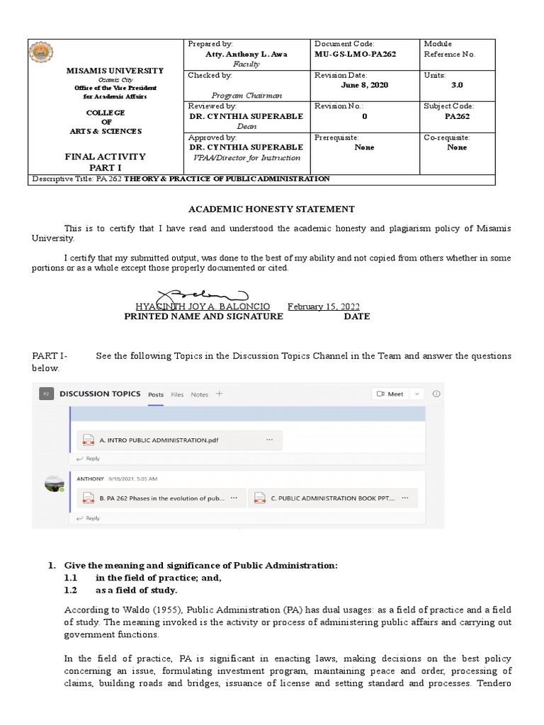 Baloncio - Pa 262 Exam Part I | PDF | Governance | Public Administration