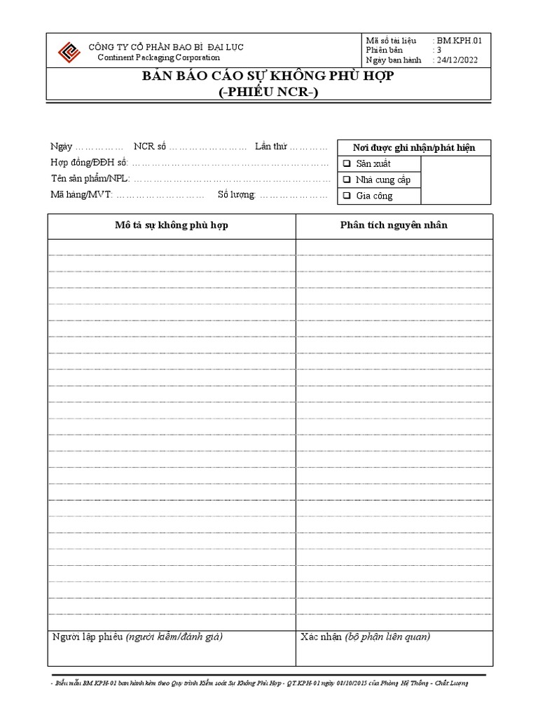 Bản Báo Cáo Sự Không Phù Hợp (-Phiếu Ncr-) | PDF