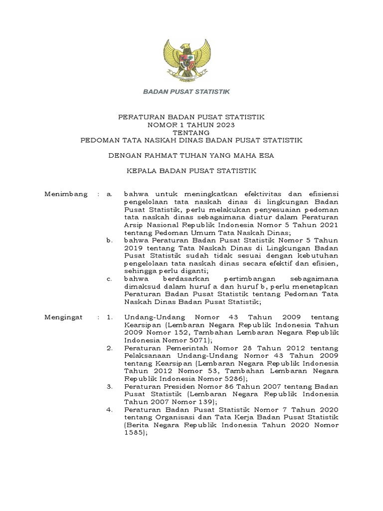 Perka Bps No 1 Tahun 2023 Pedoman Tata Naskah Dinas | PDF Perka Bps No 1 Tahun 2023 Pedoman Tata Naskah Dinas | PDF